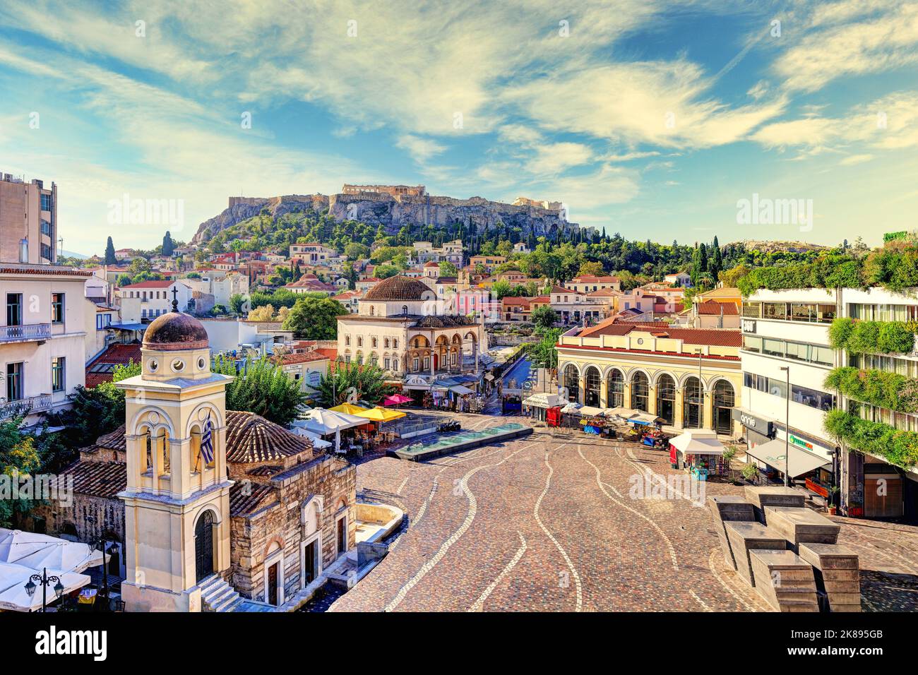 The Monastiraki Square of Athens with Plaka and Acropolis hill, Greece ...