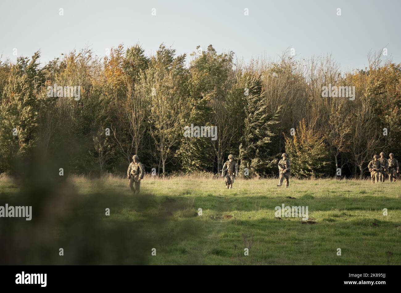 British army soldiers crossing open ground, weapons ready on a military ...
