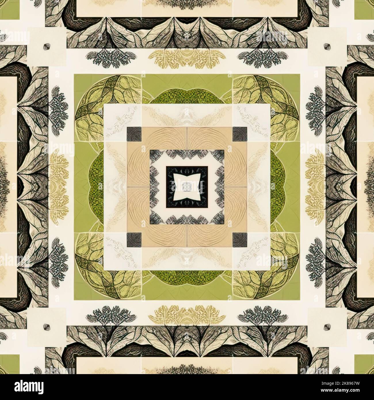 Forest green decorative damask seamless pattern. Geometric kaleidoscope ...