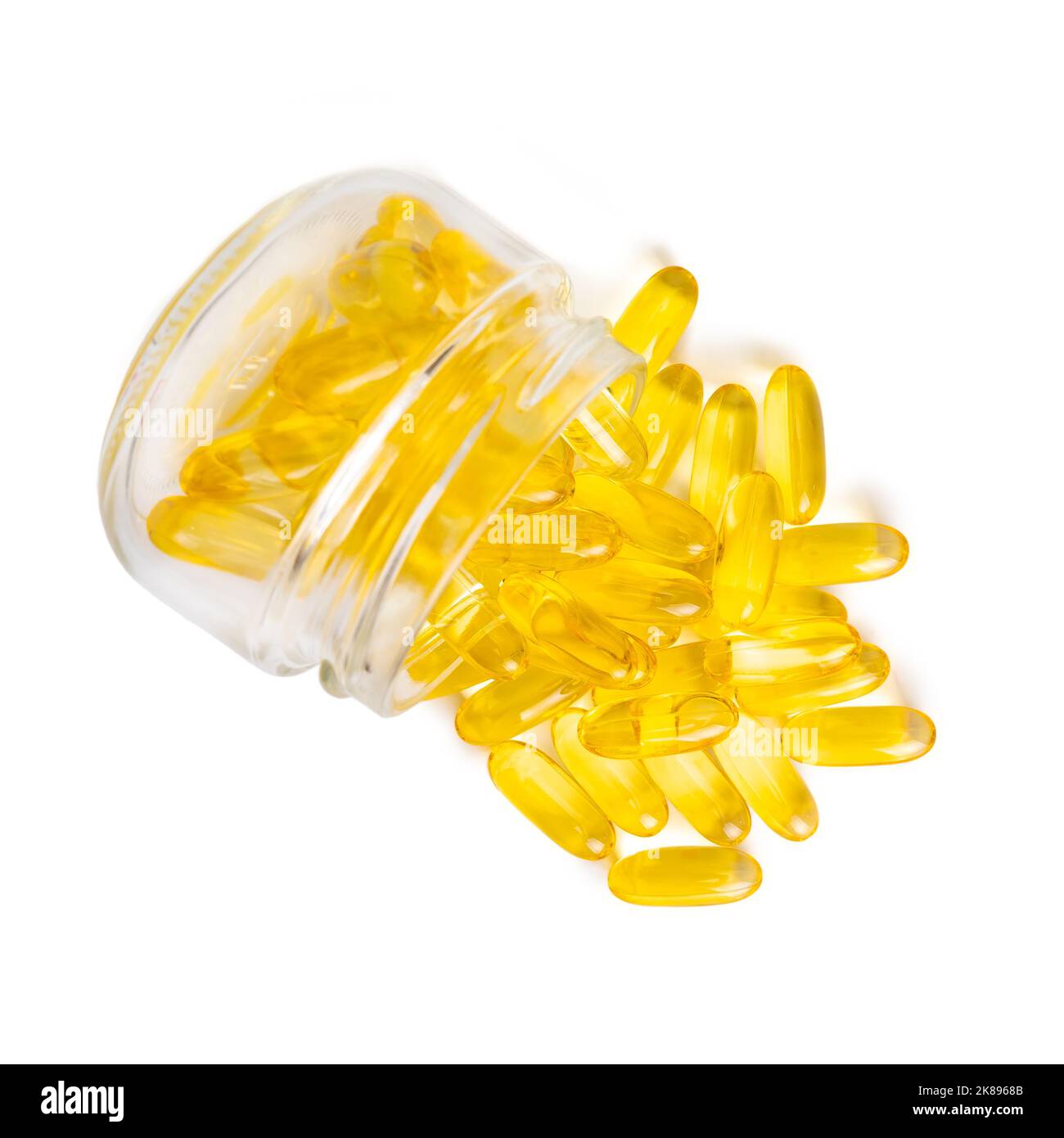 Omega 3 capsules in glass bottle isolated on white background. Softgels ...