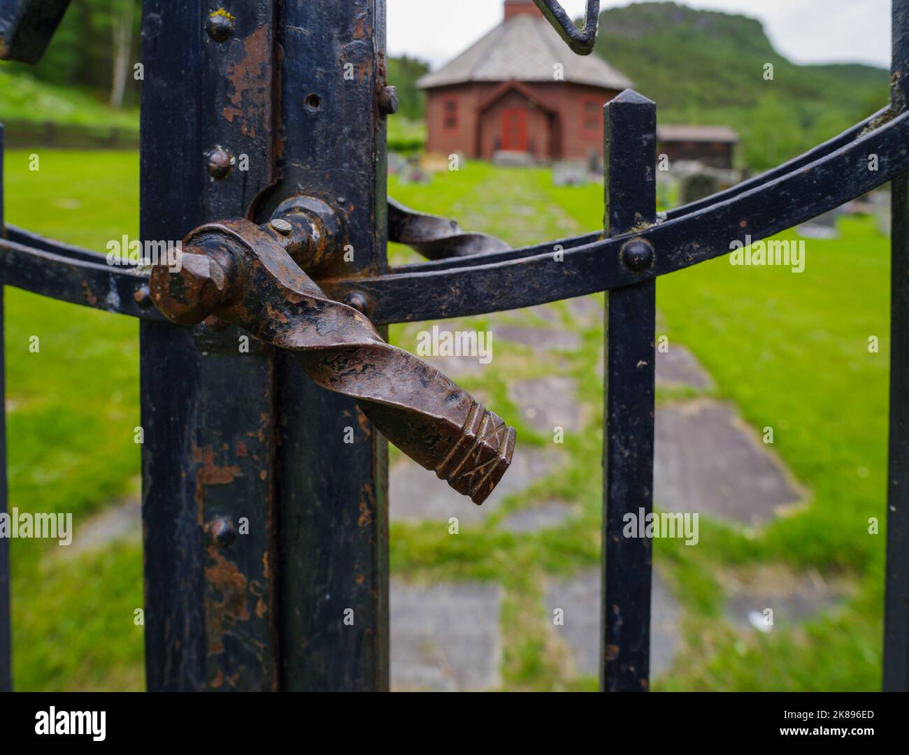 old iron gate in front of the Bøverdal church in Galdesanden, Norway ...