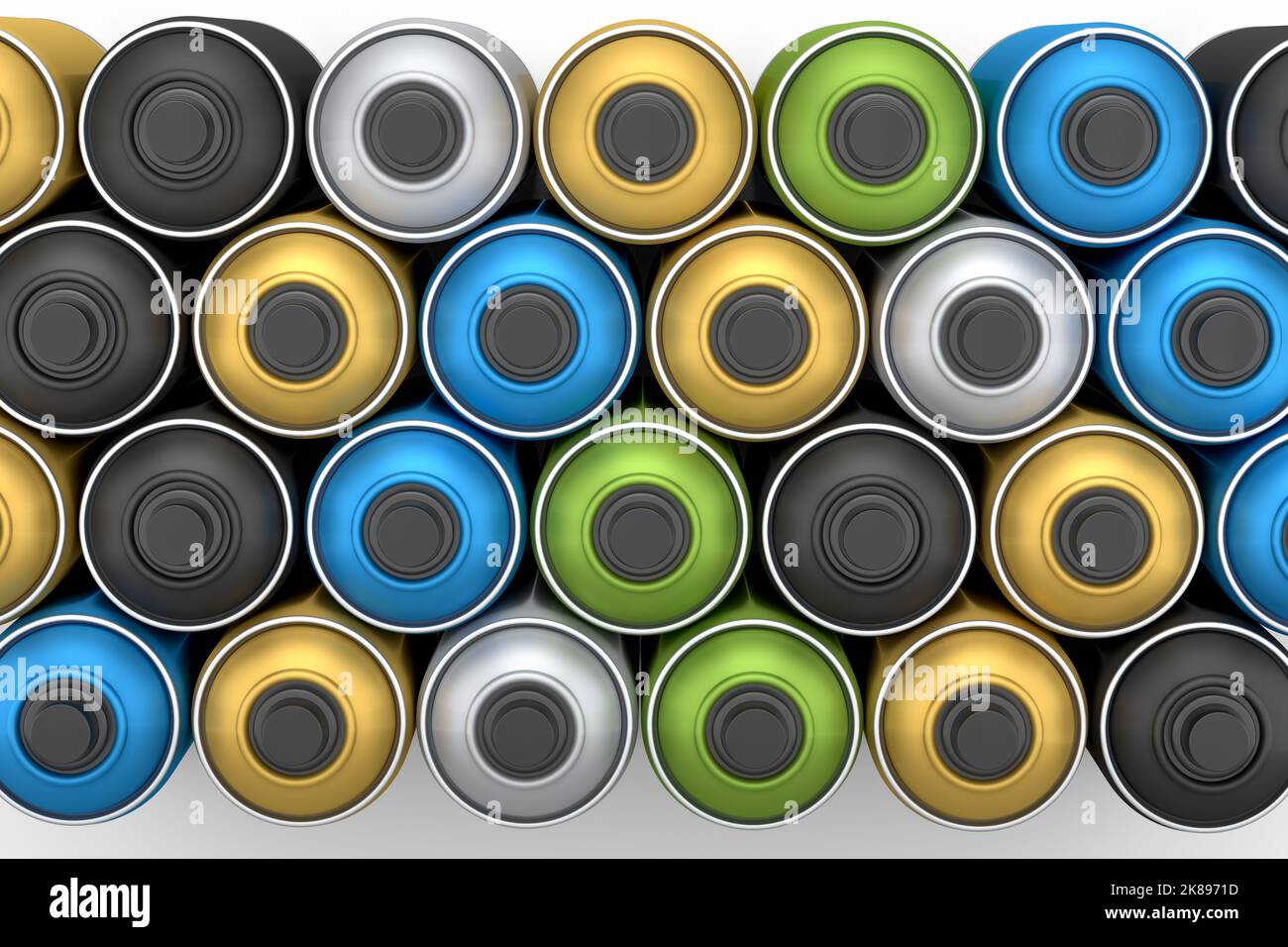 Set of colorful spray paint cans in row on white background. 3d render ...