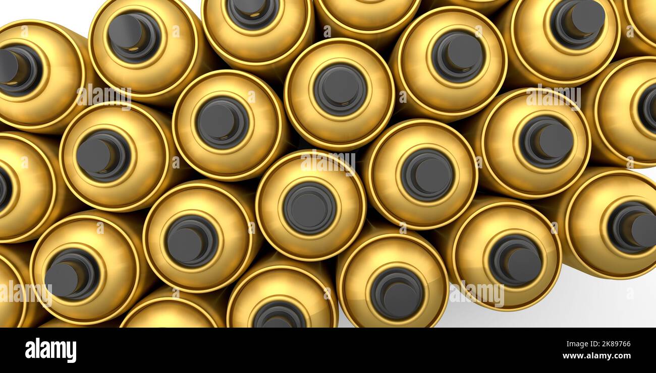 Set of gold spray paint cans in row on white background. 3d render ...