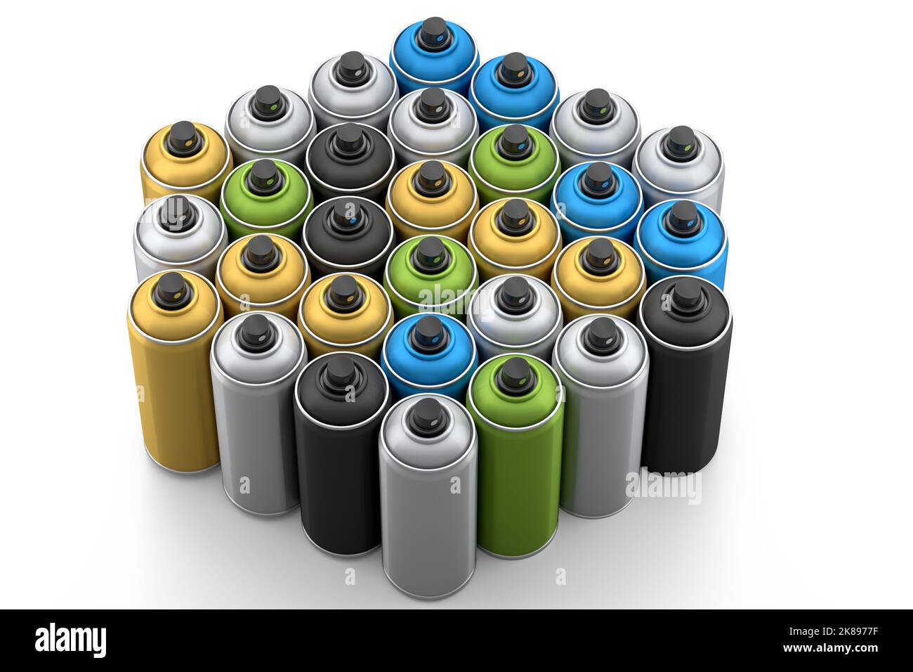 Set of colorful spray paint cans in row on white background. 3d render ...