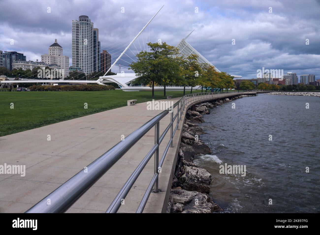 Walking path along Lake Michigan on the Milwaukee boardwalk. Located at ...