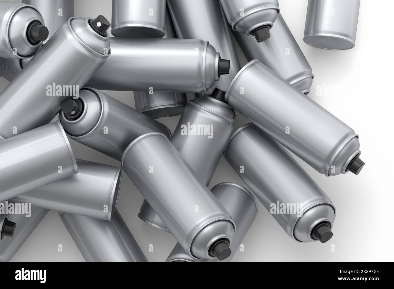 Lots of flying spray paint cans on white background. 3d render spray ...