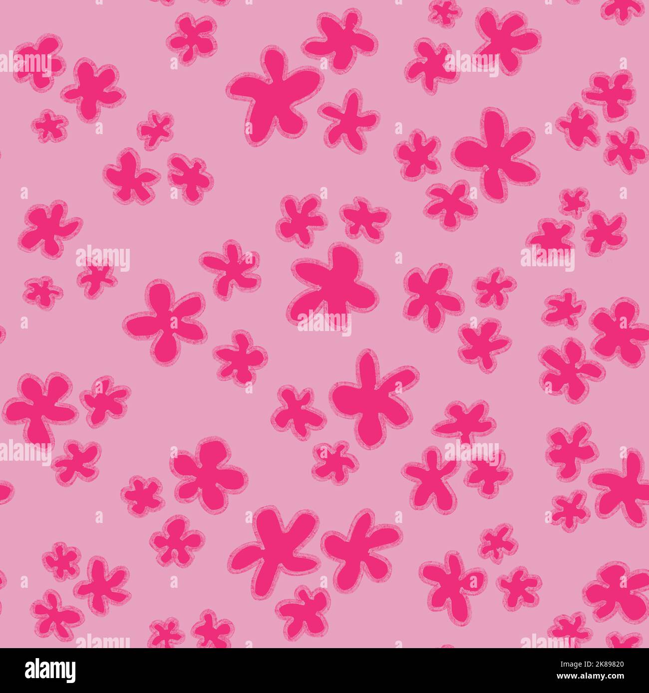 Trendy fabric pattern with hand drawn miniature fuchsia flowers on pink ...