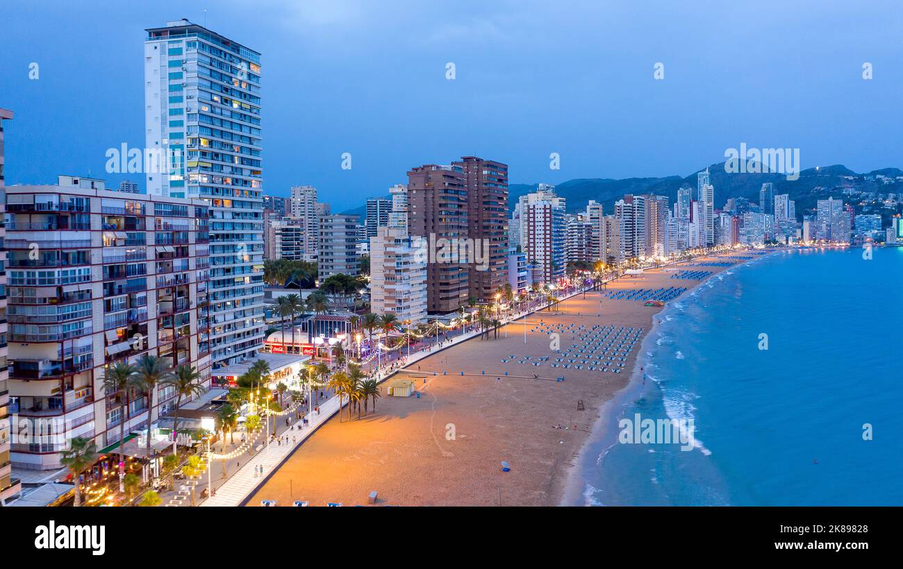 Aerial view of the Levante beach and the skyline by night. Benidorm. Alicante. Valencia ...