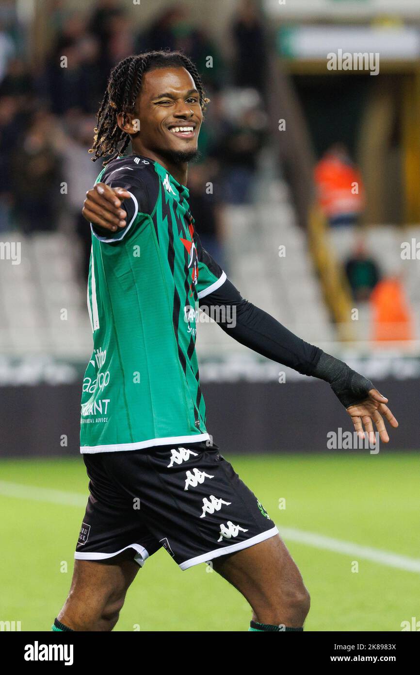 Cercle's Yann Gboho celebrates after scoring during a soccer match ...