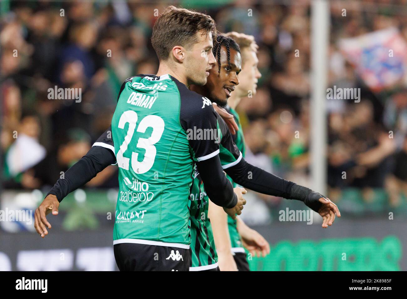 Cercle's Yann Gboho celebrates after scoring during a soccer match ...