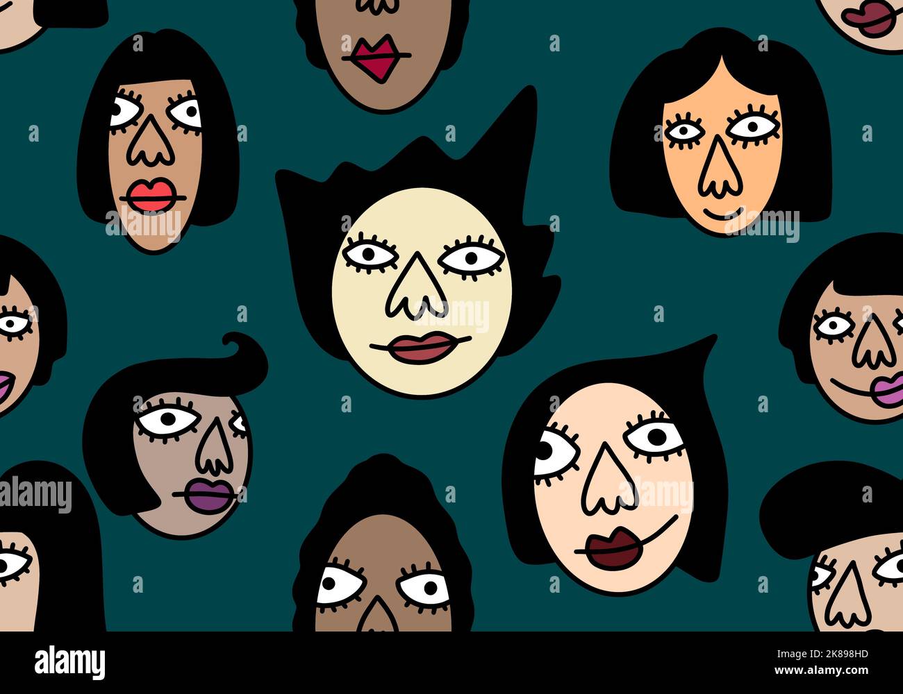 Cartoon women seamless character doodle face pattern for wrapping paper ...