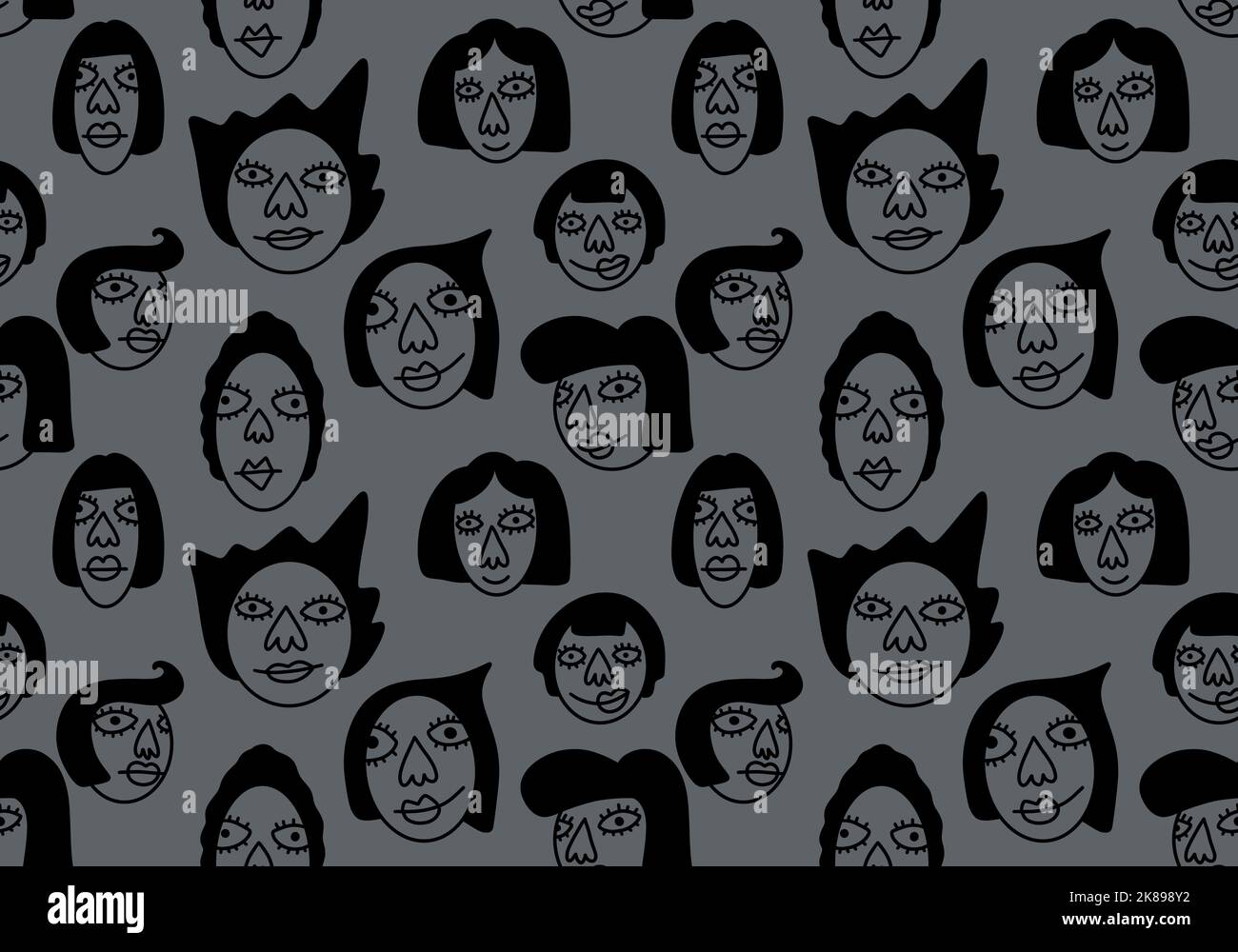 Cartoon women seamless character doodle face pattern for wrapping paper ...