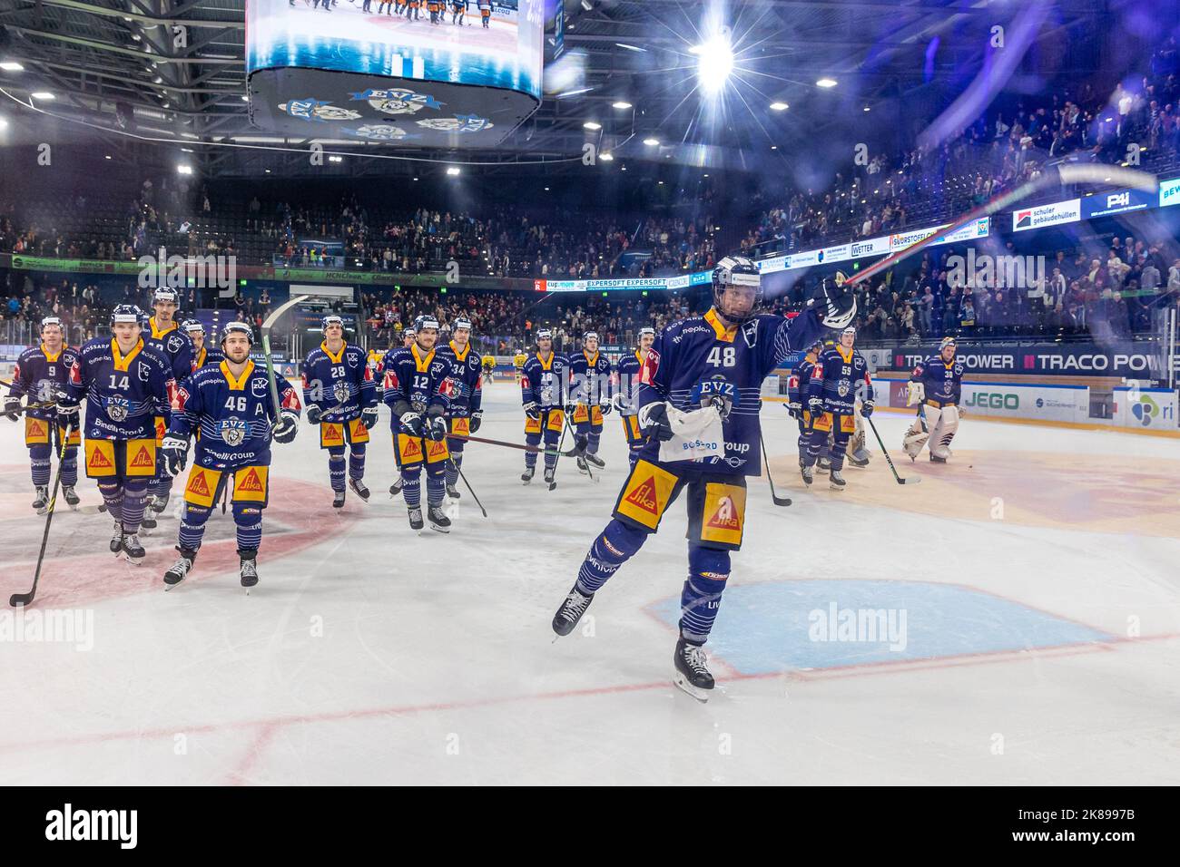 Carl Klingberg #48 (EV Zug) is celebrated by the fans during the ...
