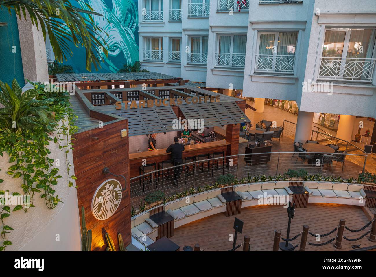 Gorgeous interior view of Starbucks Coffee restaurant with tables and ...