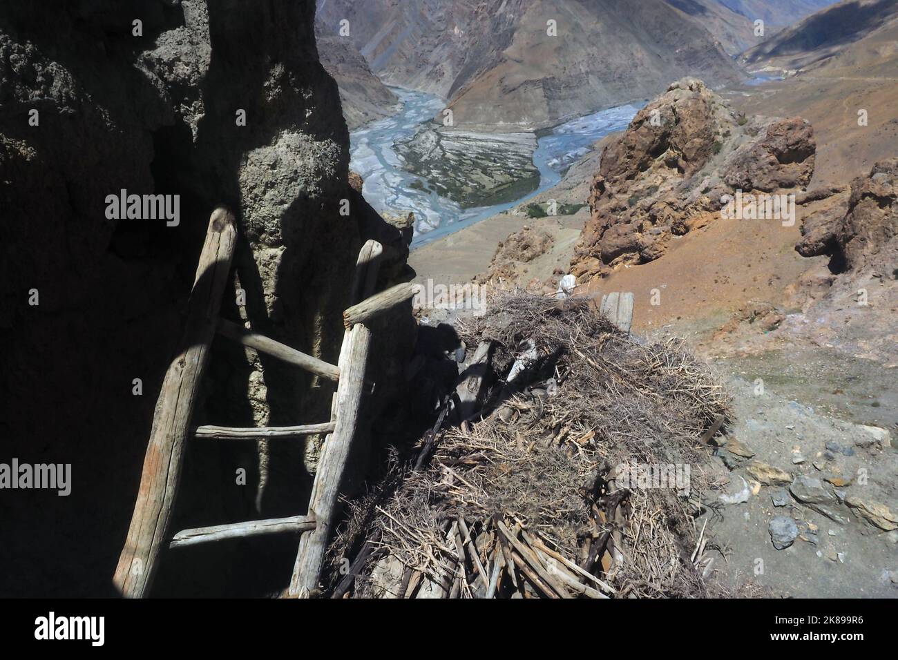 Old wooden stairs to the roof of Dankar Monastery, over Spiti Valley ...