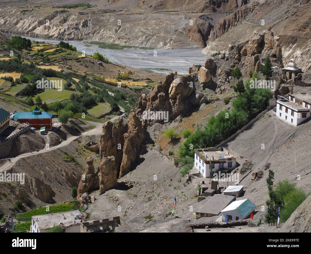 Village houses and Buddhist monastery Dankar on beautiful mountains ...