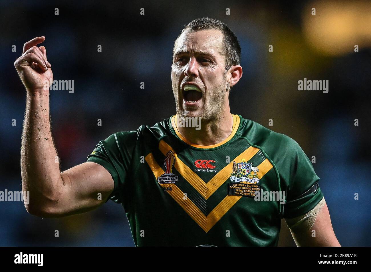 Isaah Yeo of Australia reacts during the Rugby League World Cup 2021 ...