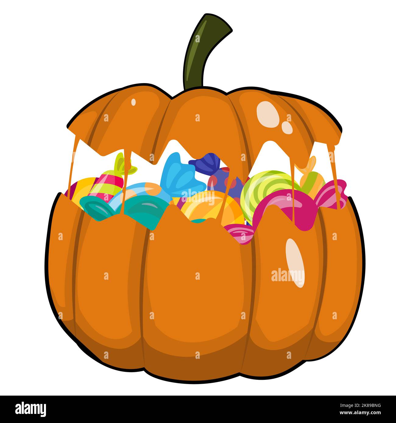 Halloween pumpkin filled with candy. A scary basket of sweets ...