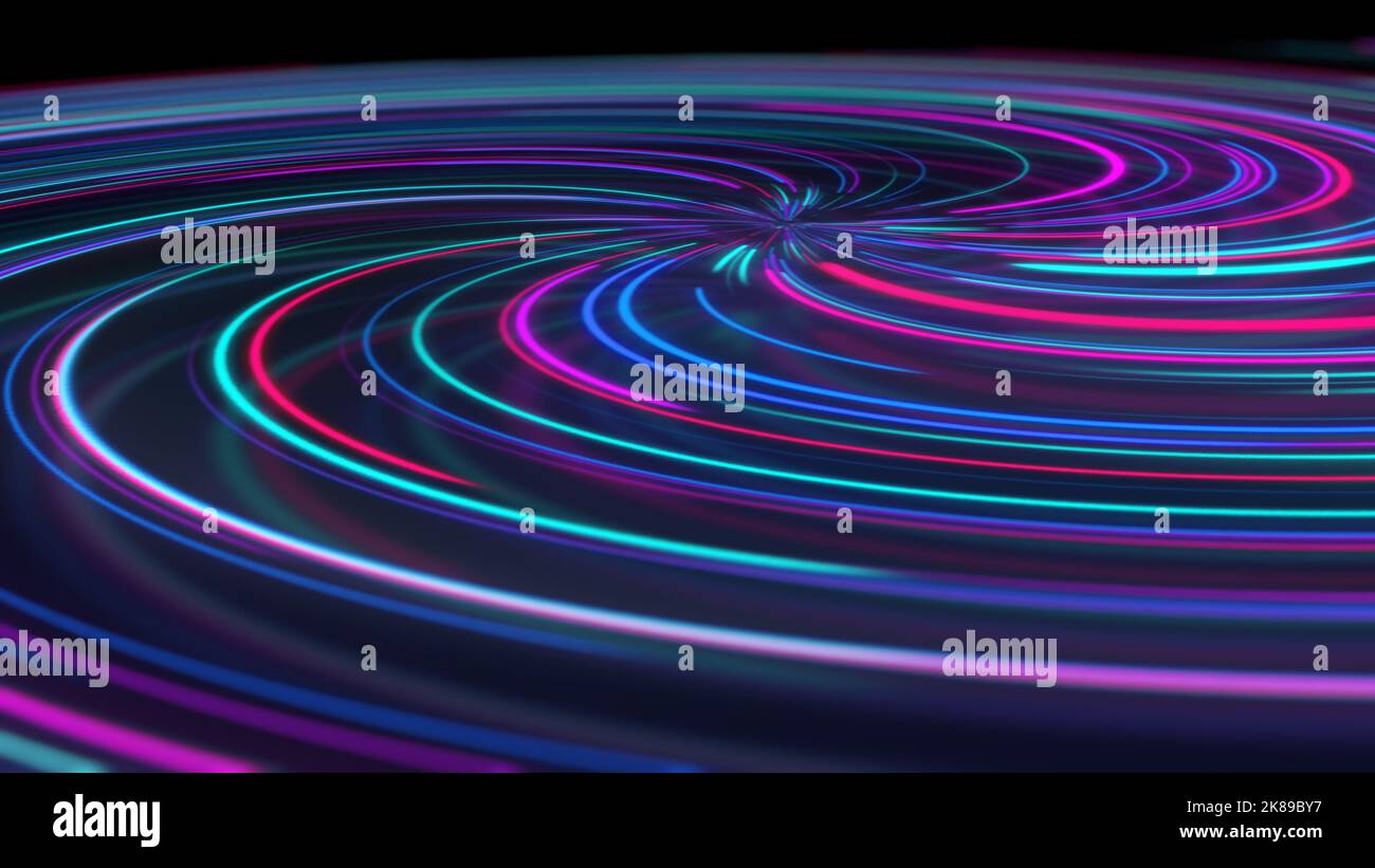 3D rendering abstract neon spiral with reflection. Bright and colorful ...
