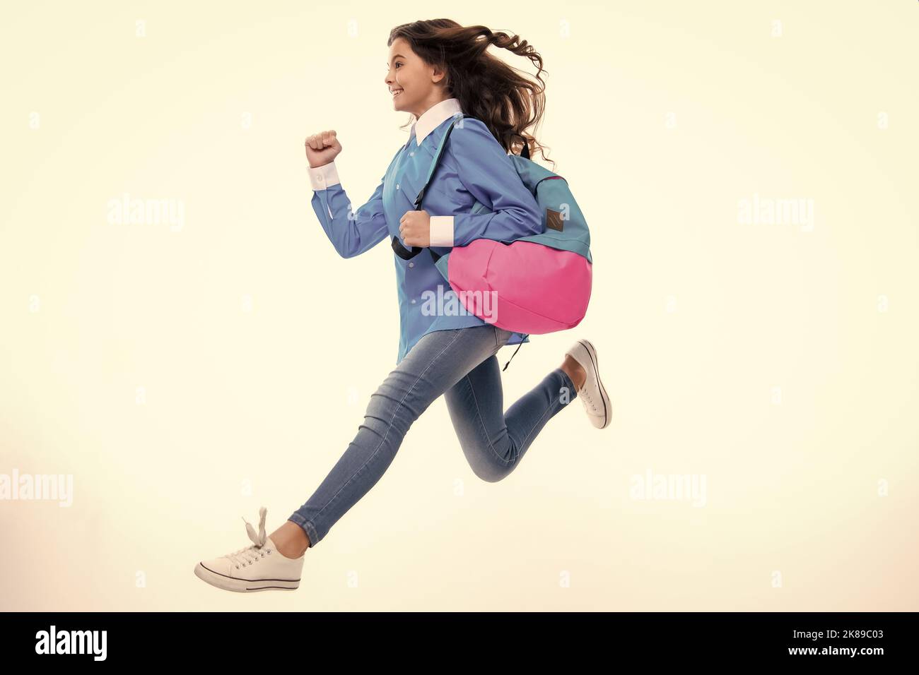 School teen girl in with backpack. Teenager student on isolated ...