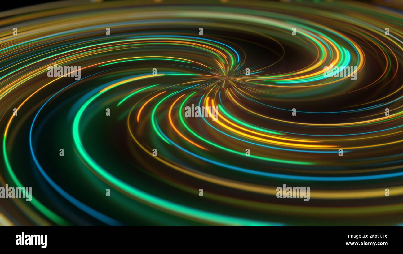 3D rendering abstract neon spiral with reflection. Bright and colorful ...