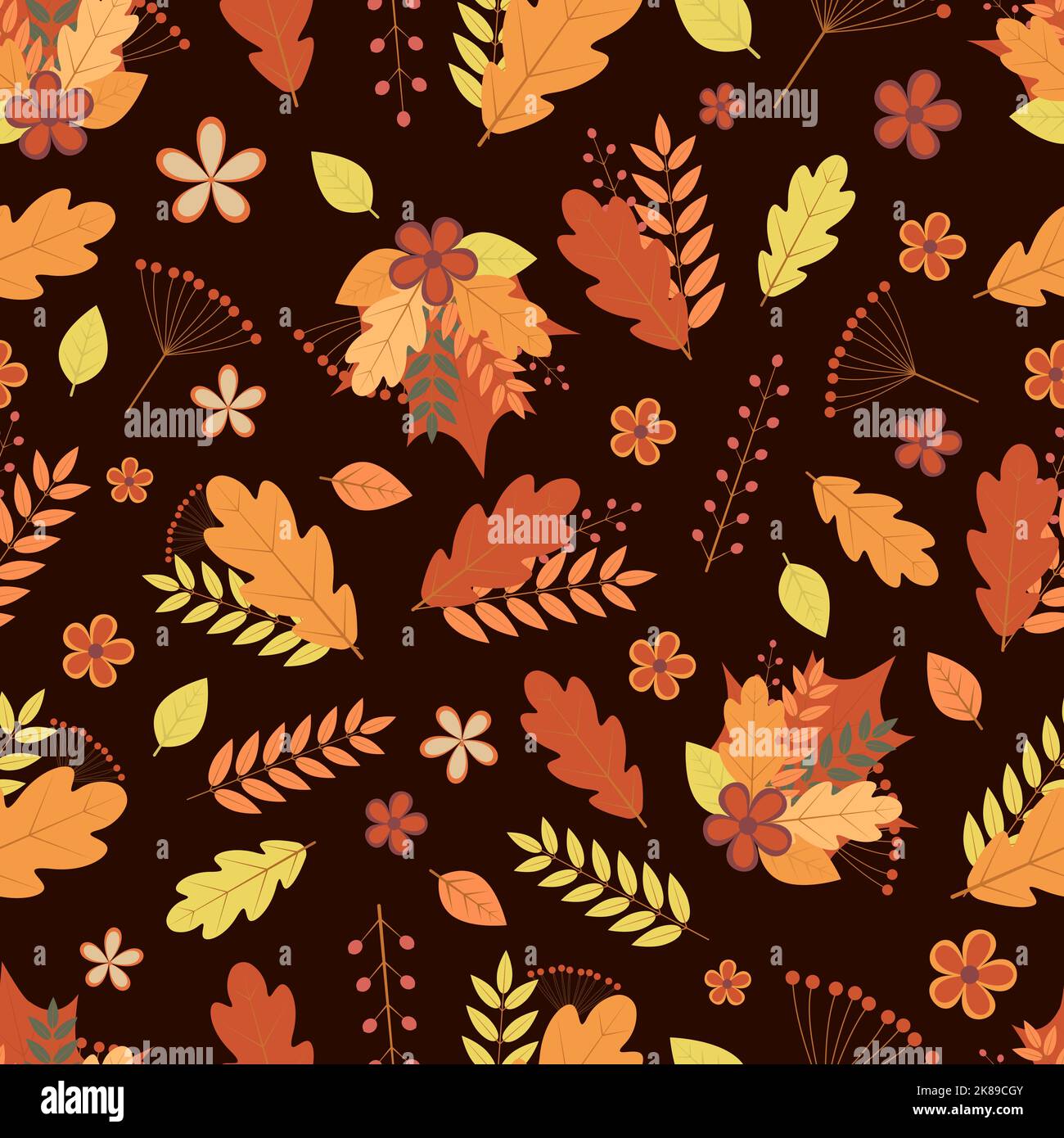 Autumn seamless pattern. Colorful leaves, flowers, and berries. Fall ...