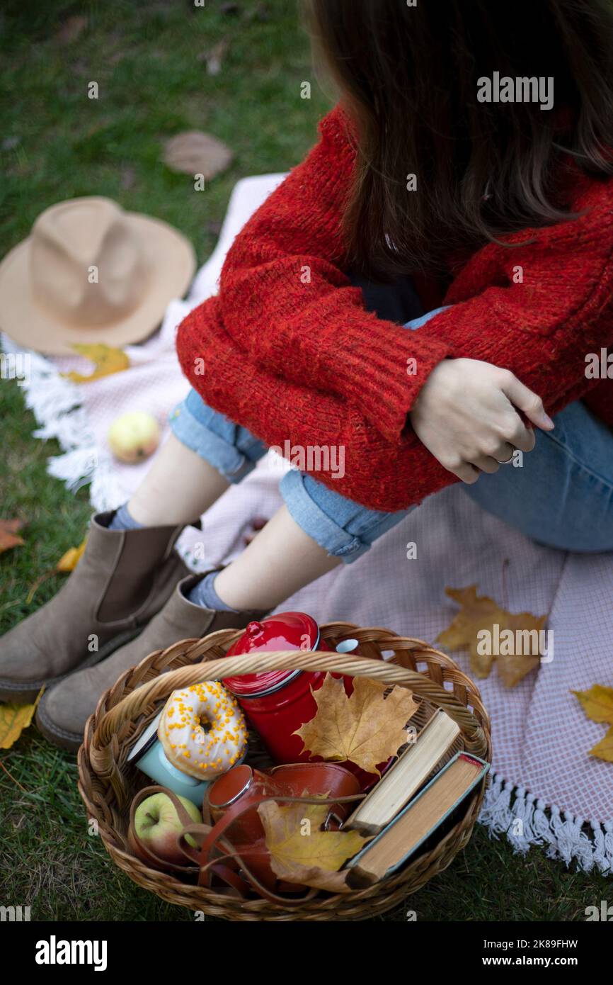 autumn picnic. girl and picnic basket with donuts, a cup, apples and ...