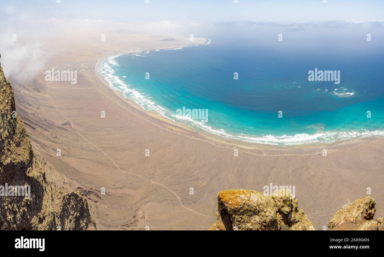 Natural landscape of Lanzarote. Panoramic view of the ocean and coast ...