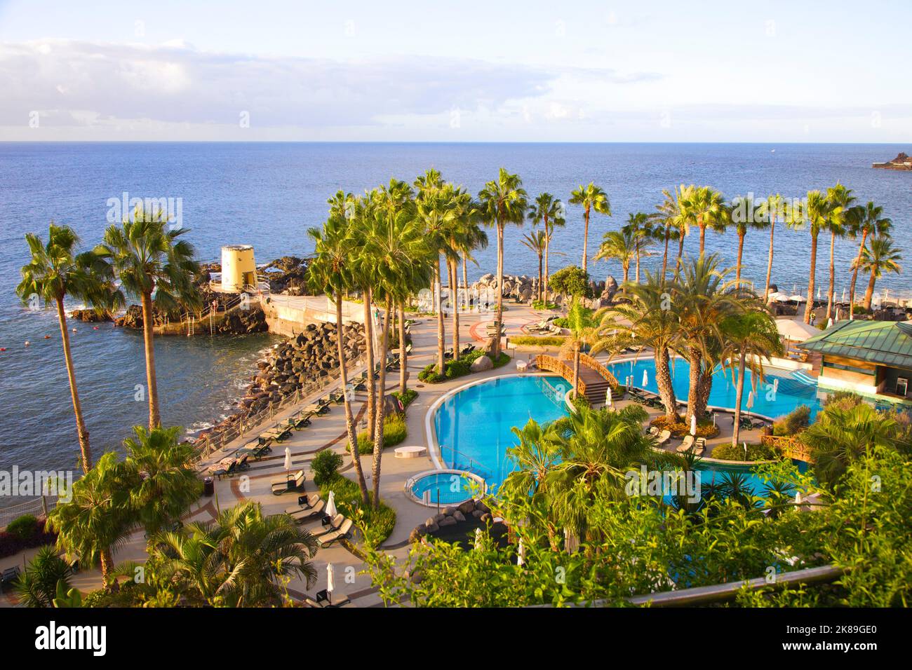 Portugal, Madeira, Funchal, Hotel Zone, pool, beach, seashore, palms ...