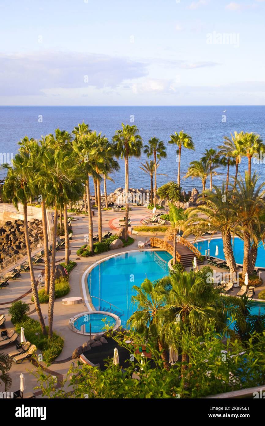 Portugal, Madeira, Funchal, Hotel Zone, pool, beach, seashore, palms ...