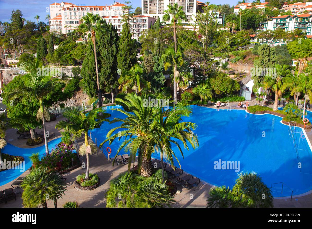 Portugal, Madeira, Funchal, Hotel Zone, pool, beach, seashore, palms ...