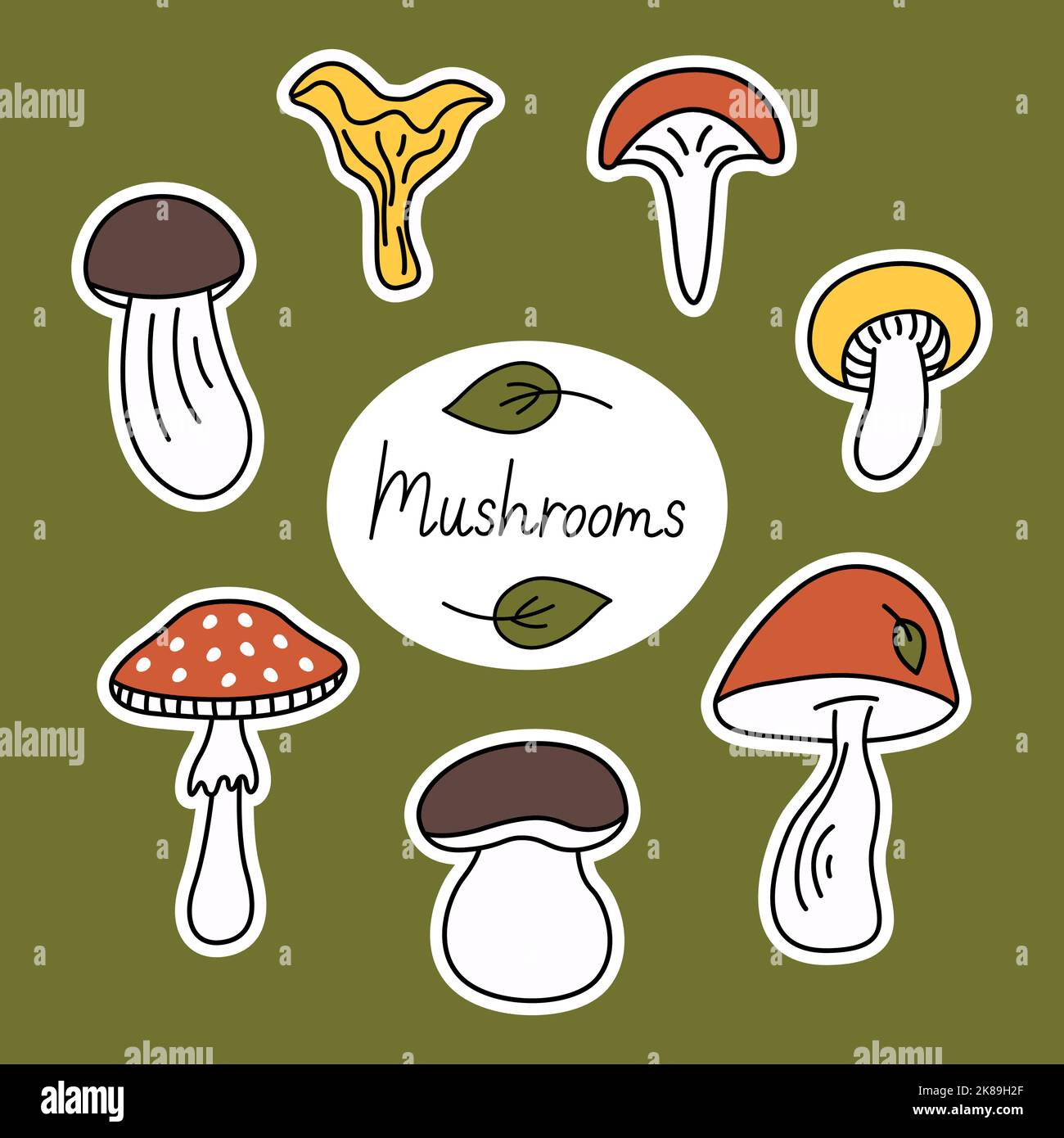 Mushrooms groovy doodle cartoon sticker set. Different types of ...