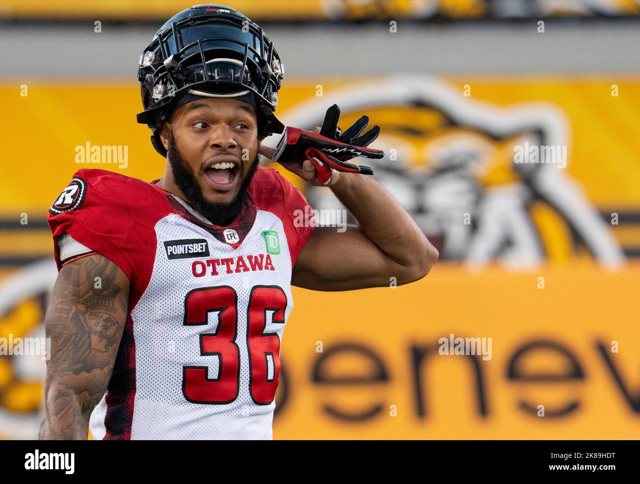 Ottawa Redblacks linebacker Patrick Nelson (36) gestures toward the ...