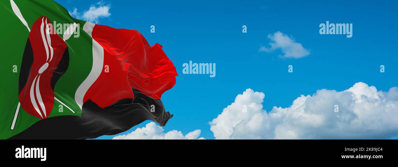flag of Bantu peoples Kikuyu people at cloudy sky background, panoramic ...