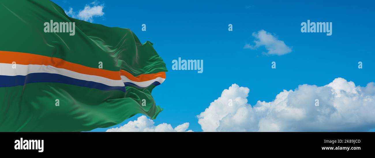 flag of Bantu peoples Kavango people at cloudy sky background ...