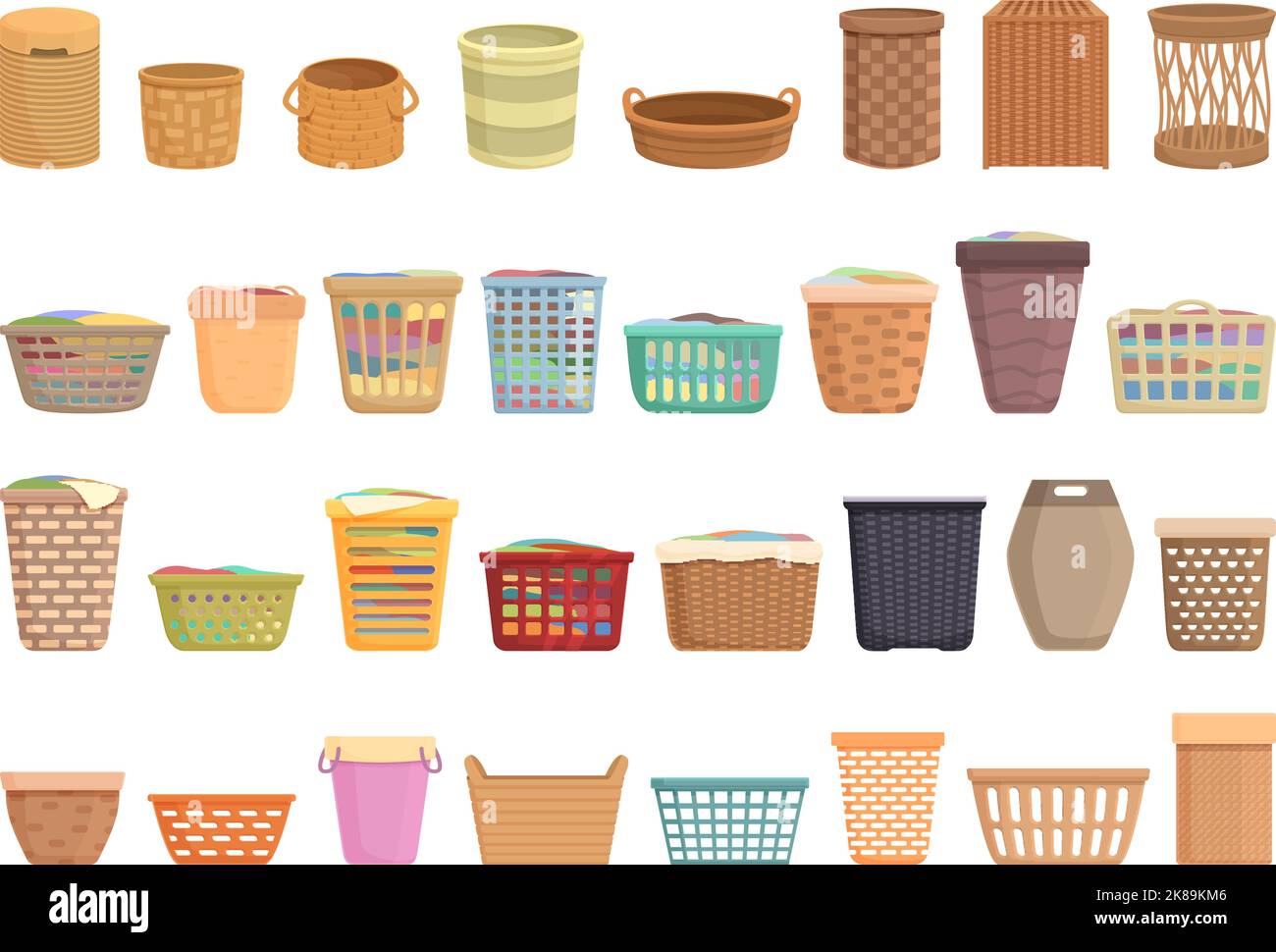 Laundry basket icons set cartoon vector. Clothes laundry. Dirty pile ...