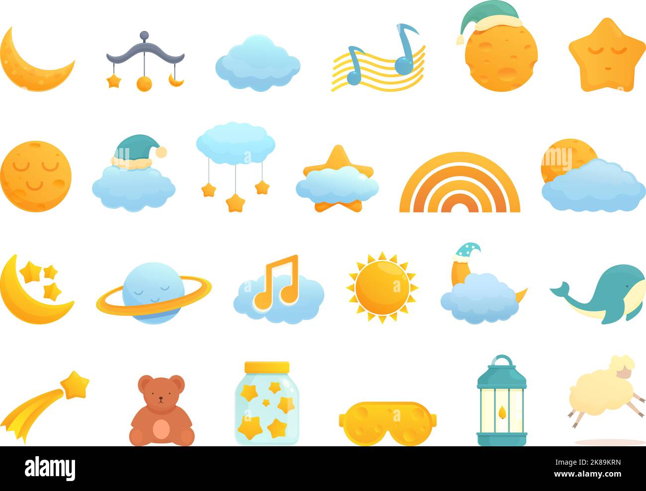 Lullaby icons set cartoon vector. Moon crescent. Baby kid Stock Vector ...
