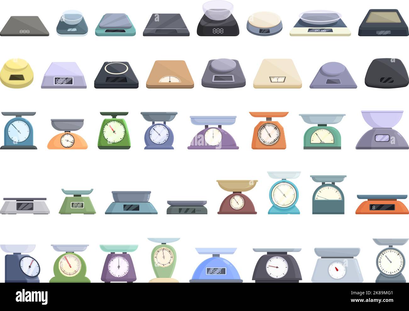 Kitchen scales icons set cartoon vector. Food balance. Scale product ...