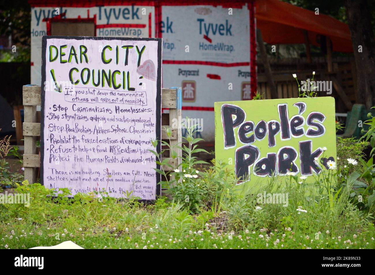 Protest signage at Meagher Park in Halifax, Nova Scotia, Canada, known ...