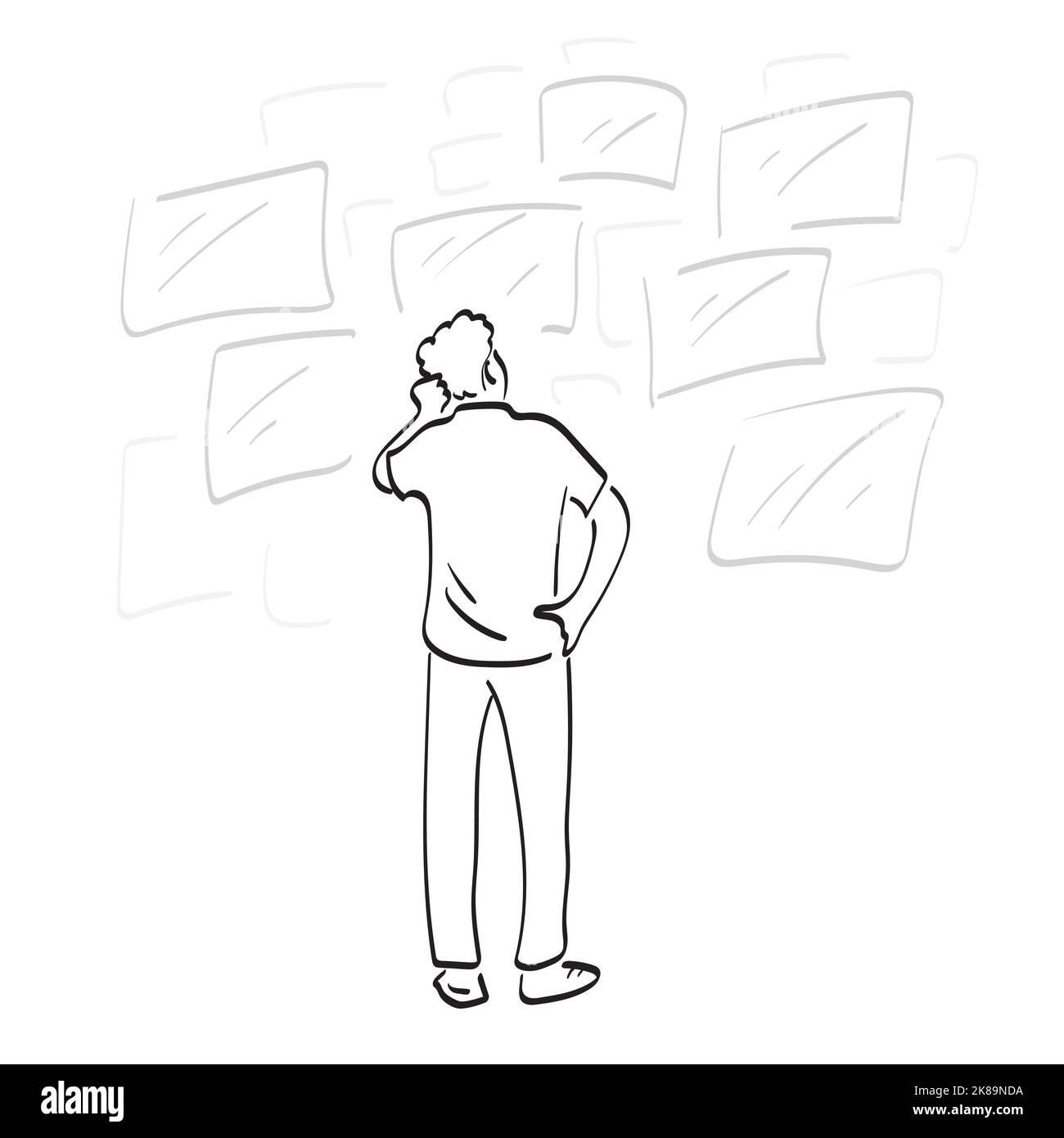 line art back view of confused businessman looking at many screens ...