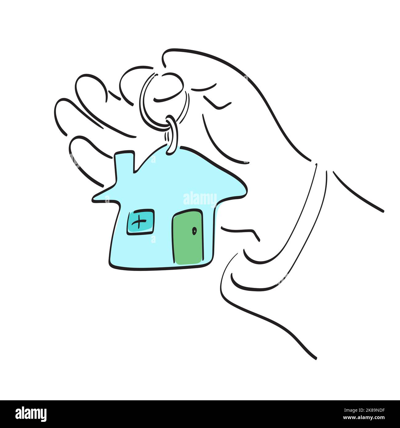 line art closeup hand of businessman holding key chain with blue house ...