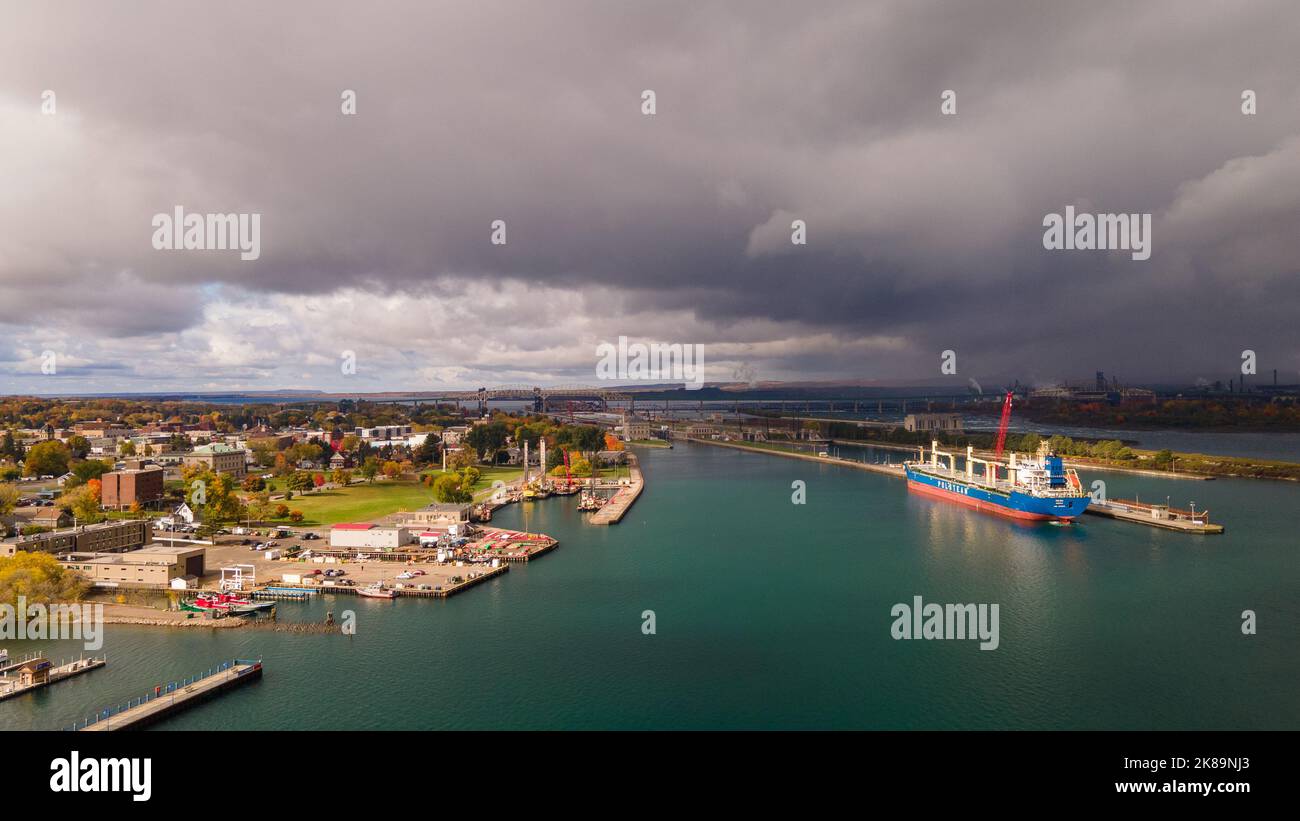 Aerial view of the Soo Locks in Sault Ste. Marie Michigan Stock Photo ...