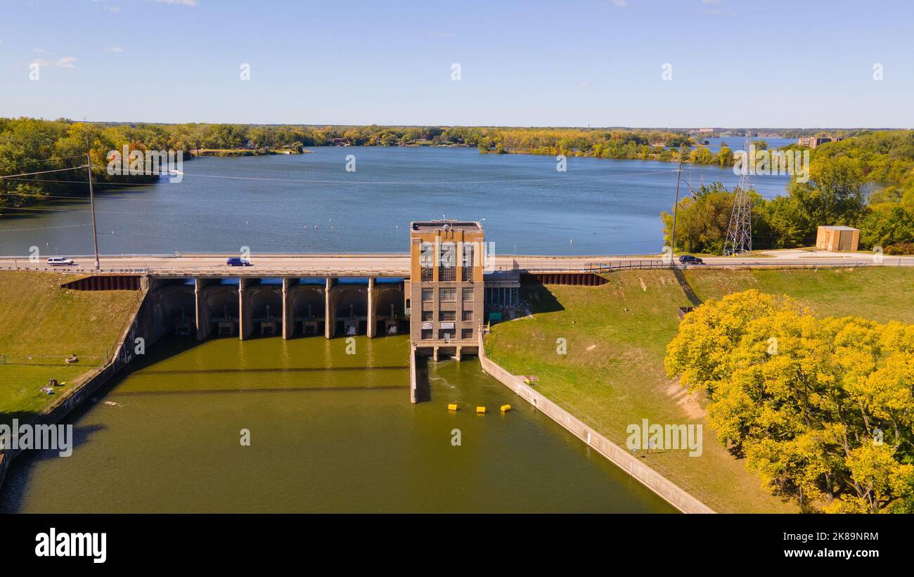 Aerial view of Ford Lake Dam in South East Michigan on the Huron River ...