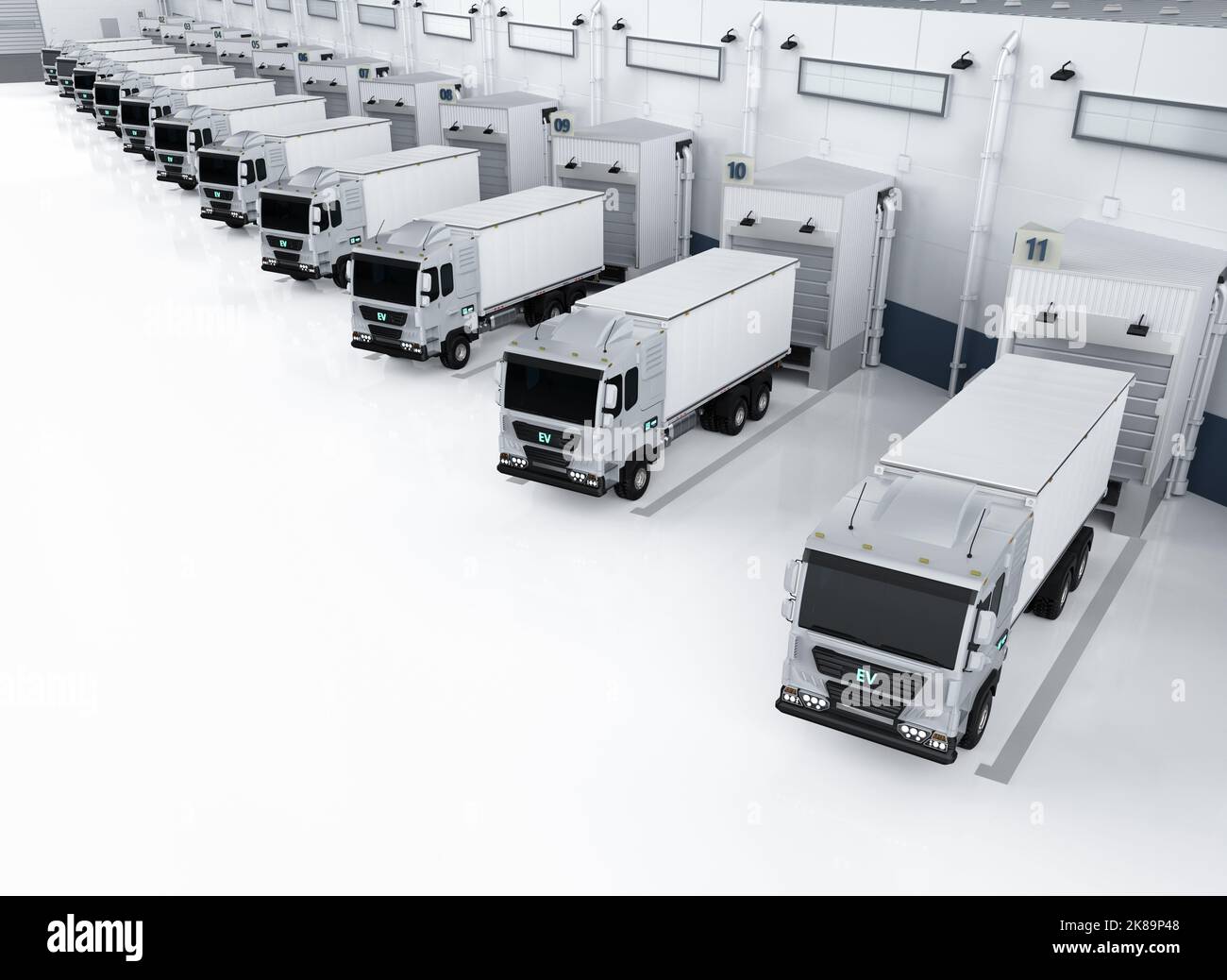 3d rendering group of logistic trailer trucks or lorries at warehouse ...