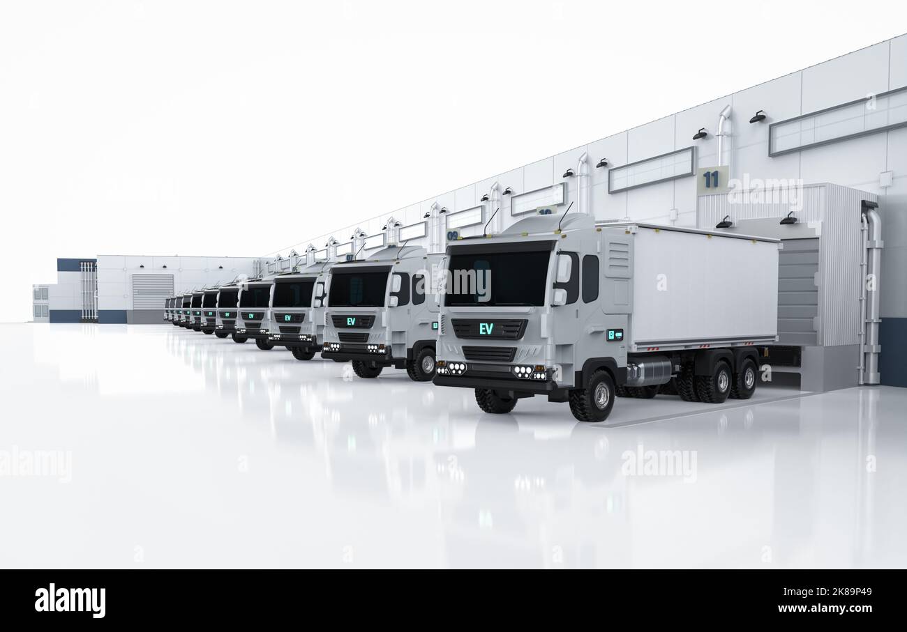 3d rendering group of logistic trailer trucks or lorries at warehouse ...
