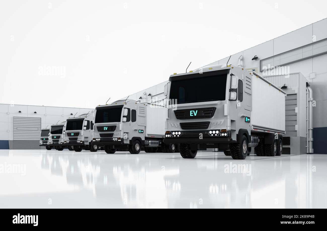 3d rendering group of logistic trailer trucks or lorries at warehouse ...