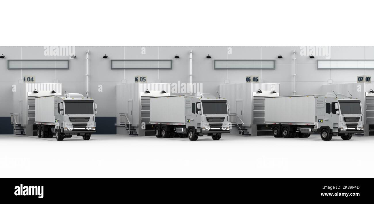 3d rendering group of logistic trailer trucks or lorries at warehouse ...