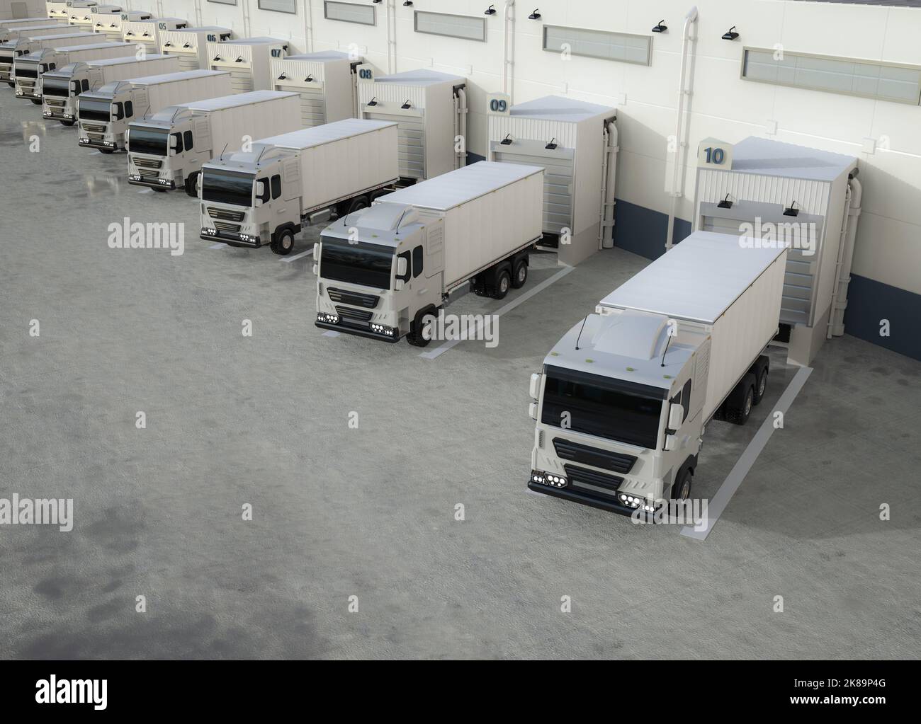 3d rendering group of logistic trailer trucks or lorries at warehouse ...