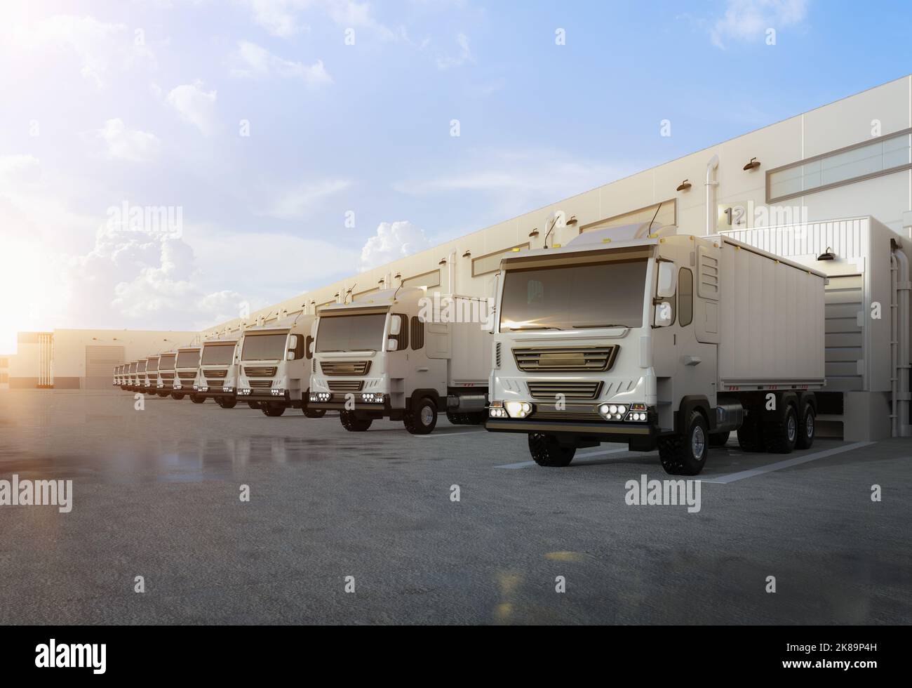 3d rendering group of logistic trailer trucks or lorries at warehouse ...