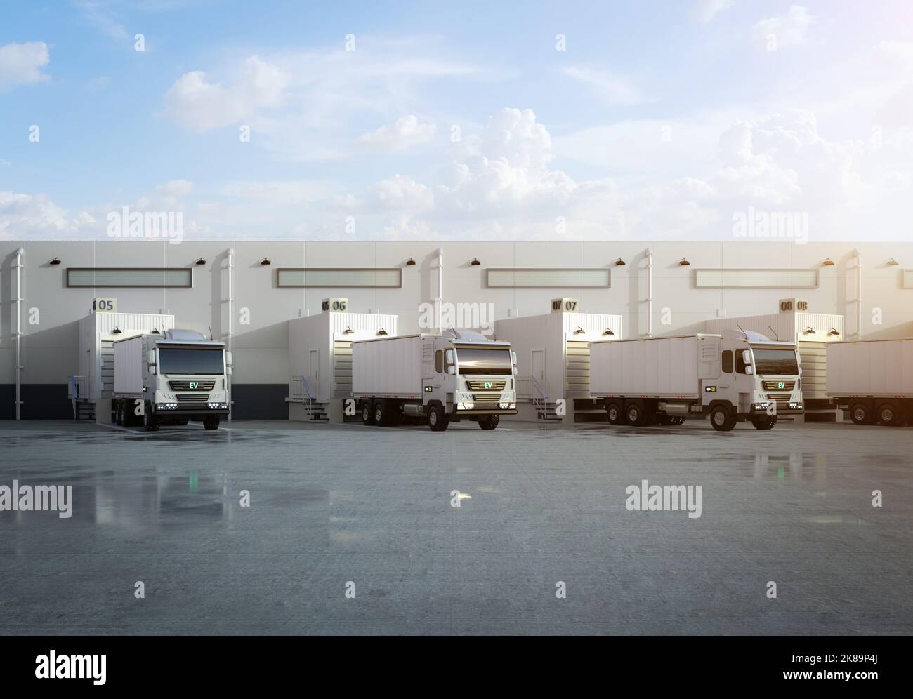 3d rendering group of logistic trailer trucks or lorries at warehouse ...